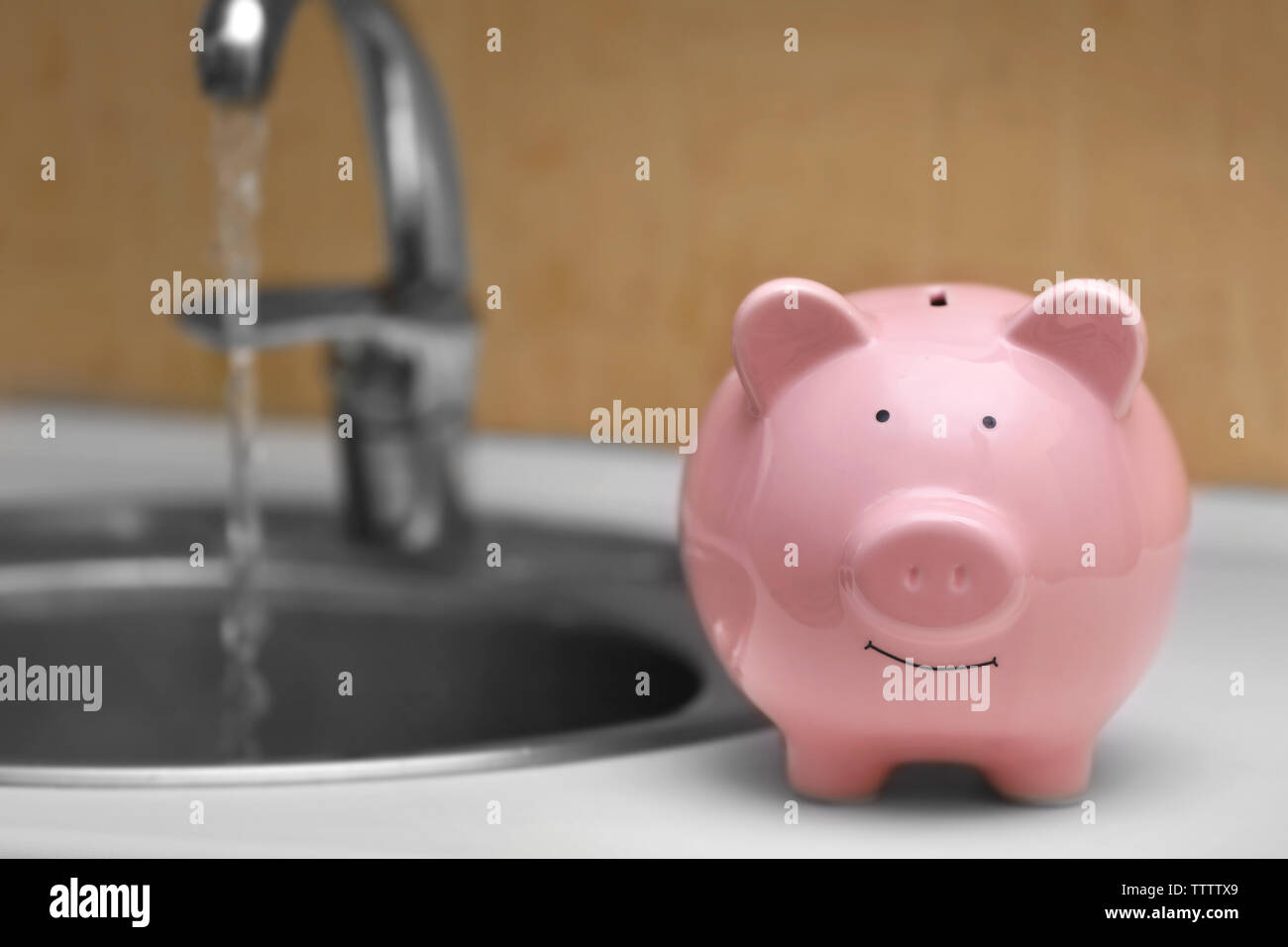 Pig money box beside kitchen sink and tap. Saving water concept Stock ...