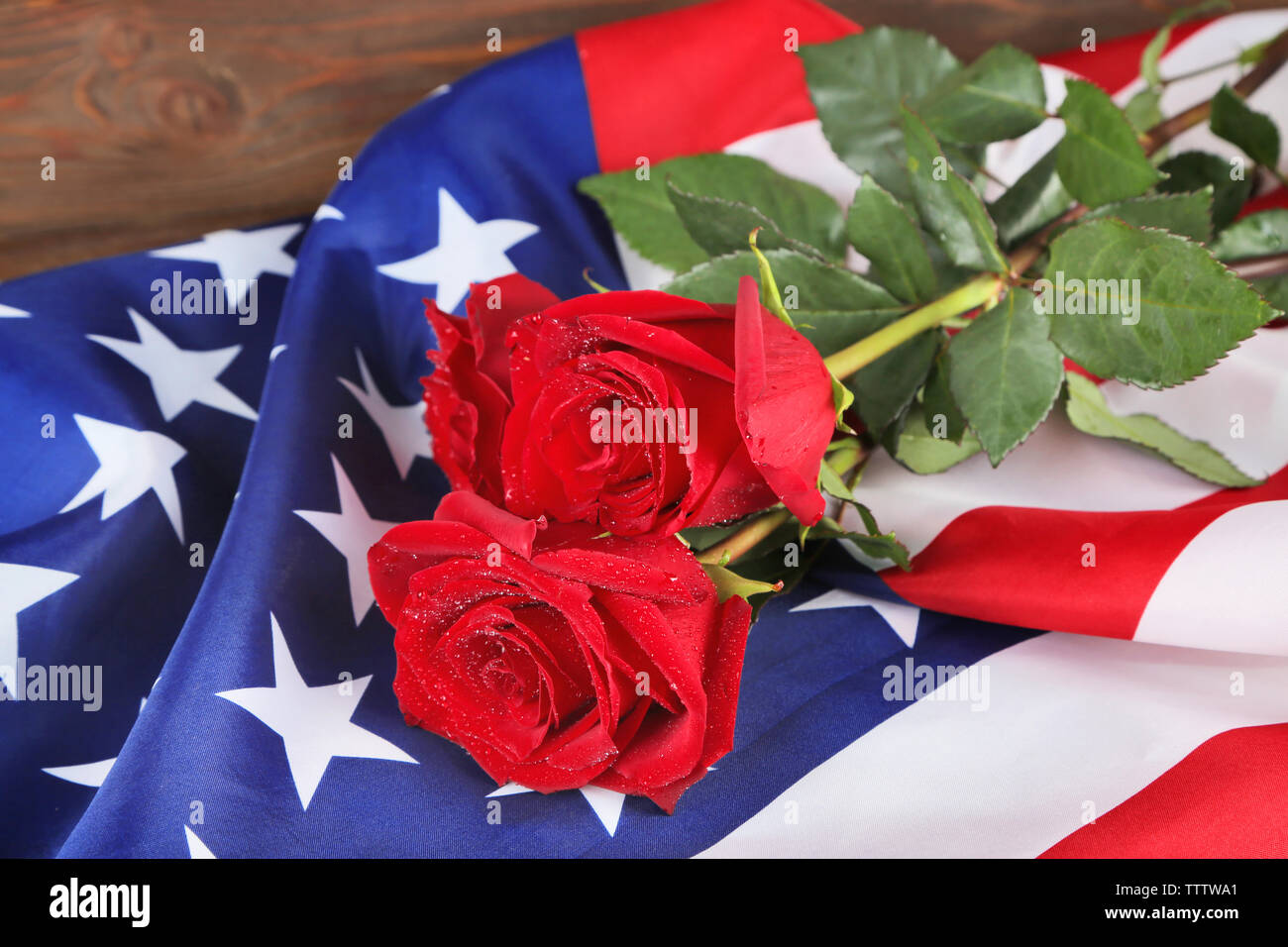 Red roses on American flag, closeup Stock Photo - Alamy