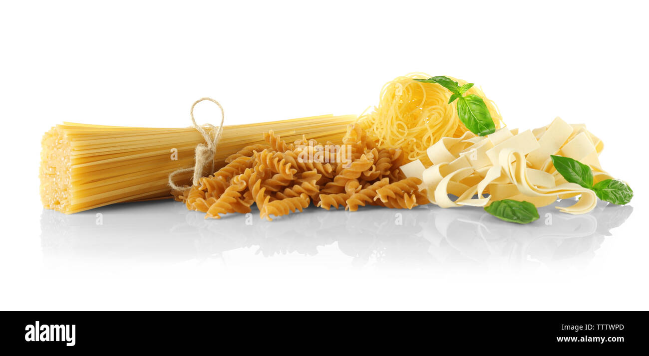 Different kinds of dry pasta, isolated on white Stock Photo - Alamy