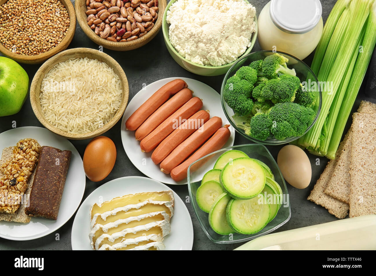 Different products on grey background. Health care concept Stock Photo ...