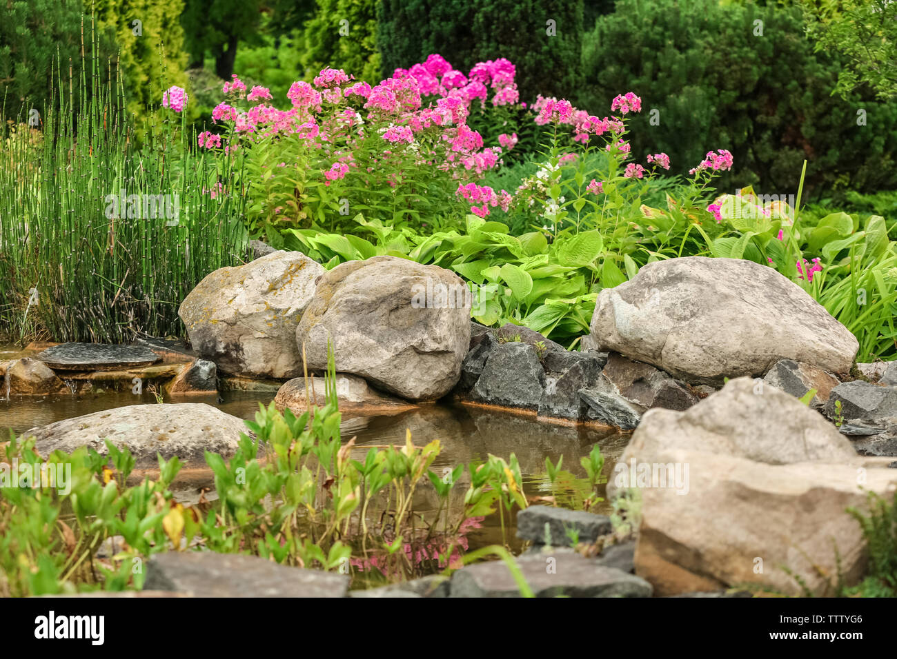 Natural stone pond as landscaping design element Stock Photo - Alamy