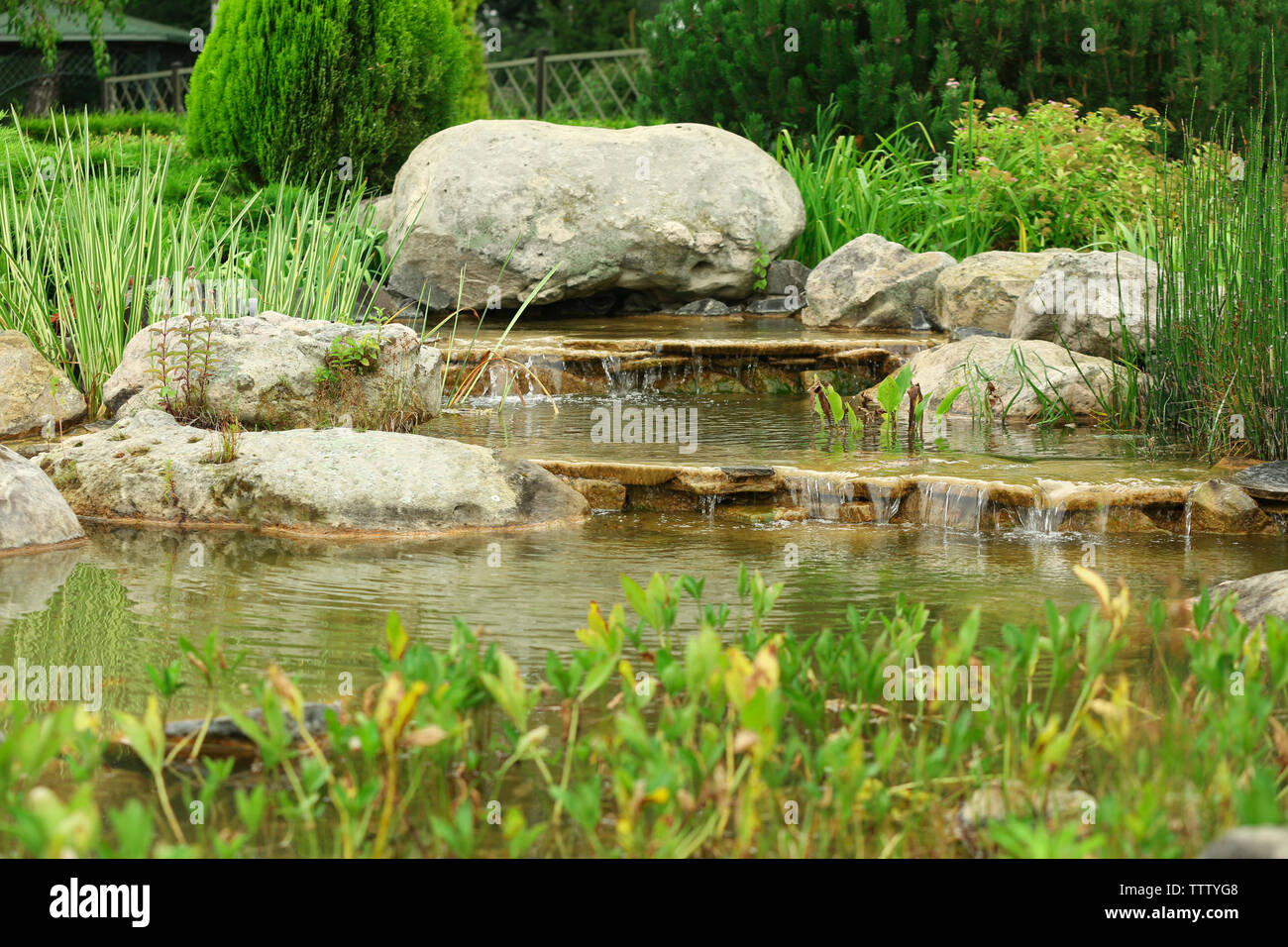 Natural stone pond as landscaping design element Stock Photo - Alamy