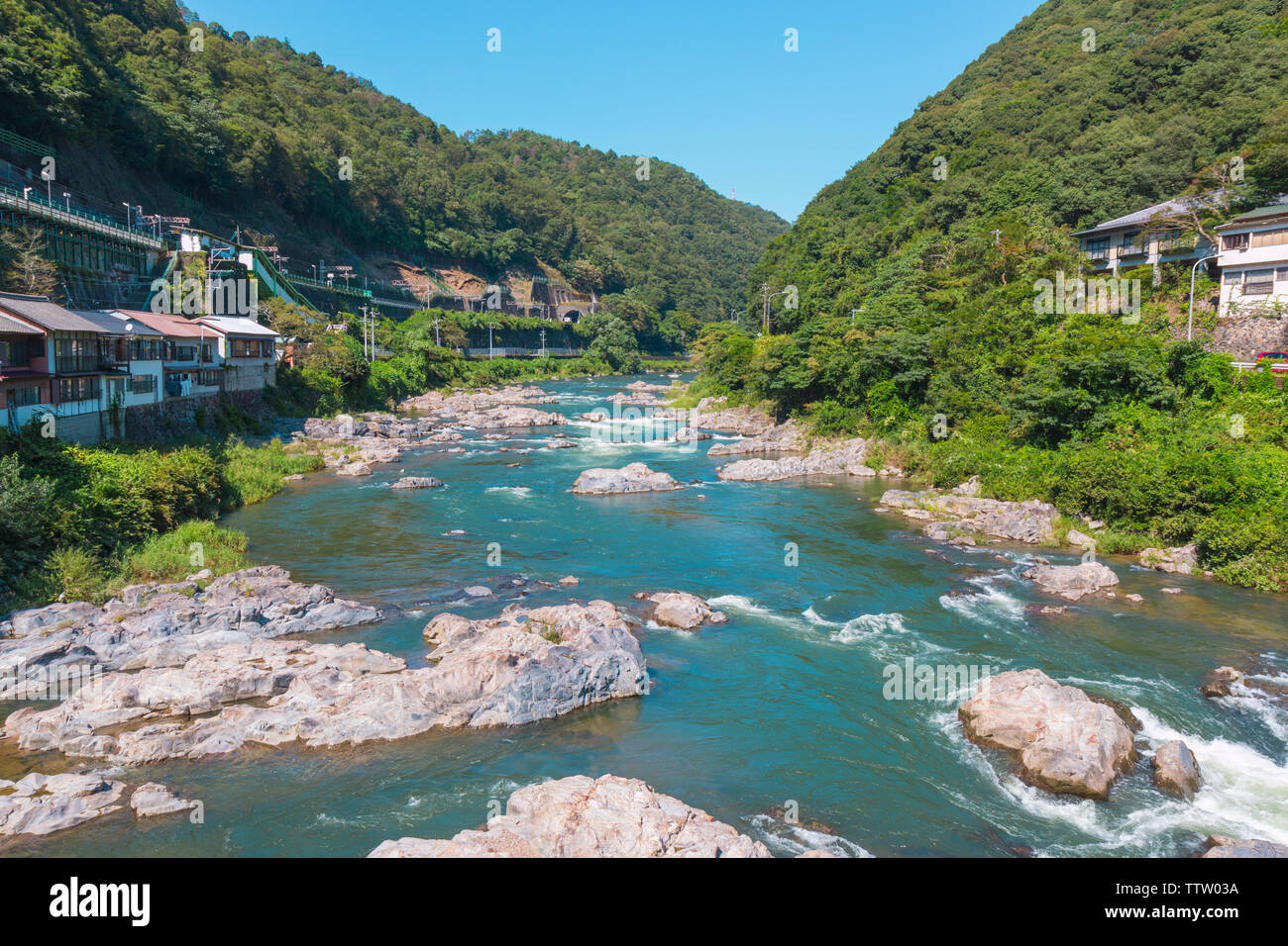 Water flowing over rocks Between two mountains Stock Photo - Alamy