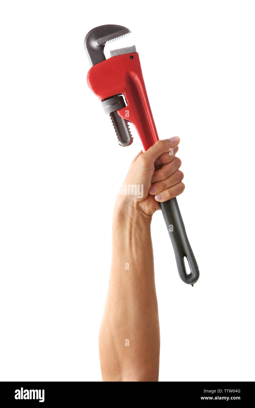 Pipe wrench in man's hand isolated on white Stock Photo - Alamy
