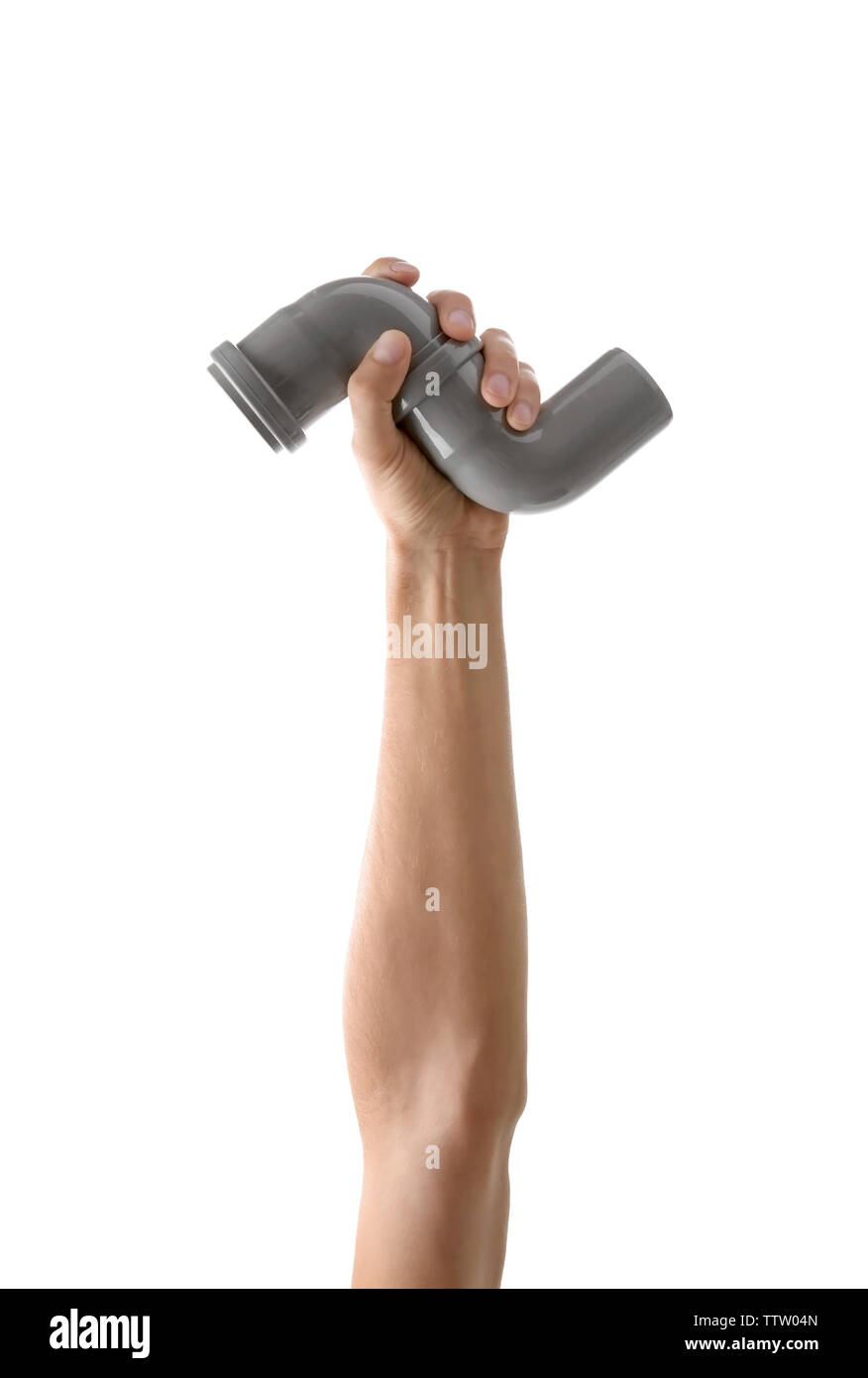 Plastic sewer pipe in man's hand isolated on white Stock Photo - Alamy
