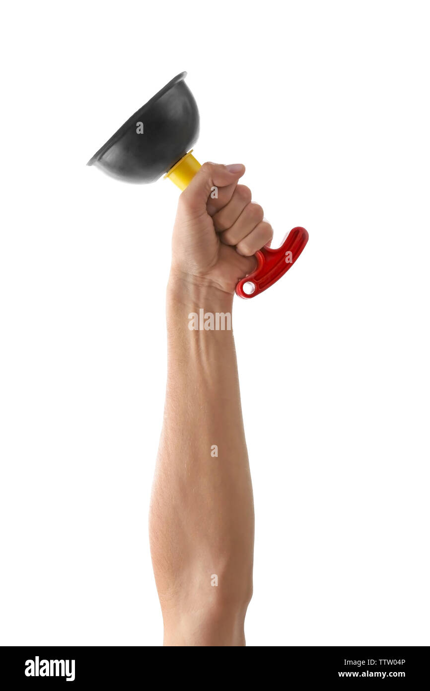 Plunger tool in man's hand isolated on white Stock Photo - Alamy