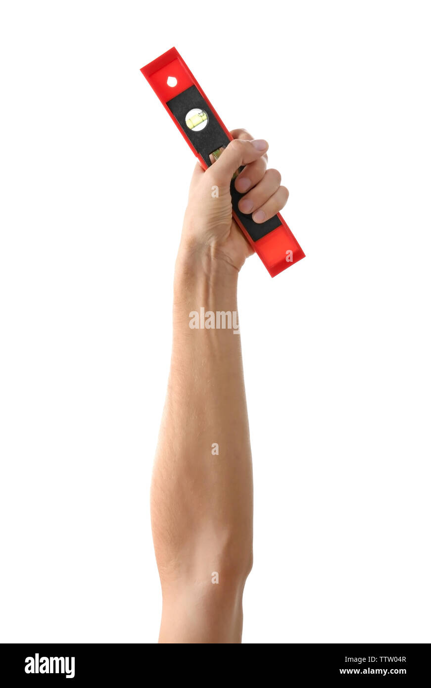 Building level in man's hand isolated on white Stock Photo - Alamy