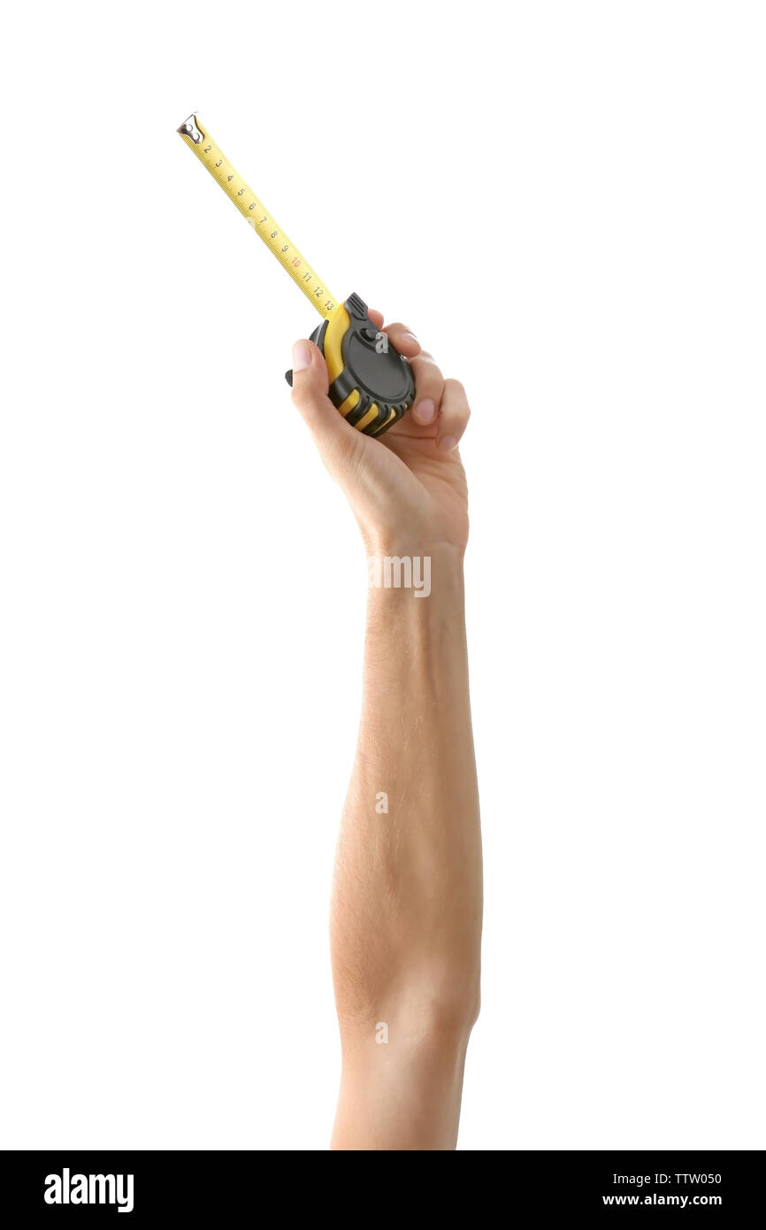Tape measure in man's hand isolated on white Stock Photo - Alamy