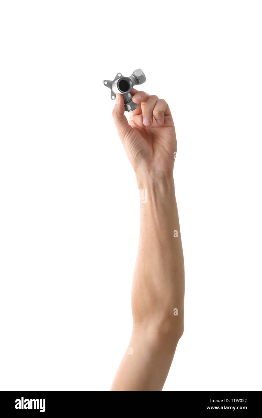 Plumbing fitting in man's hand isolated on white Stock Photo - Alamy