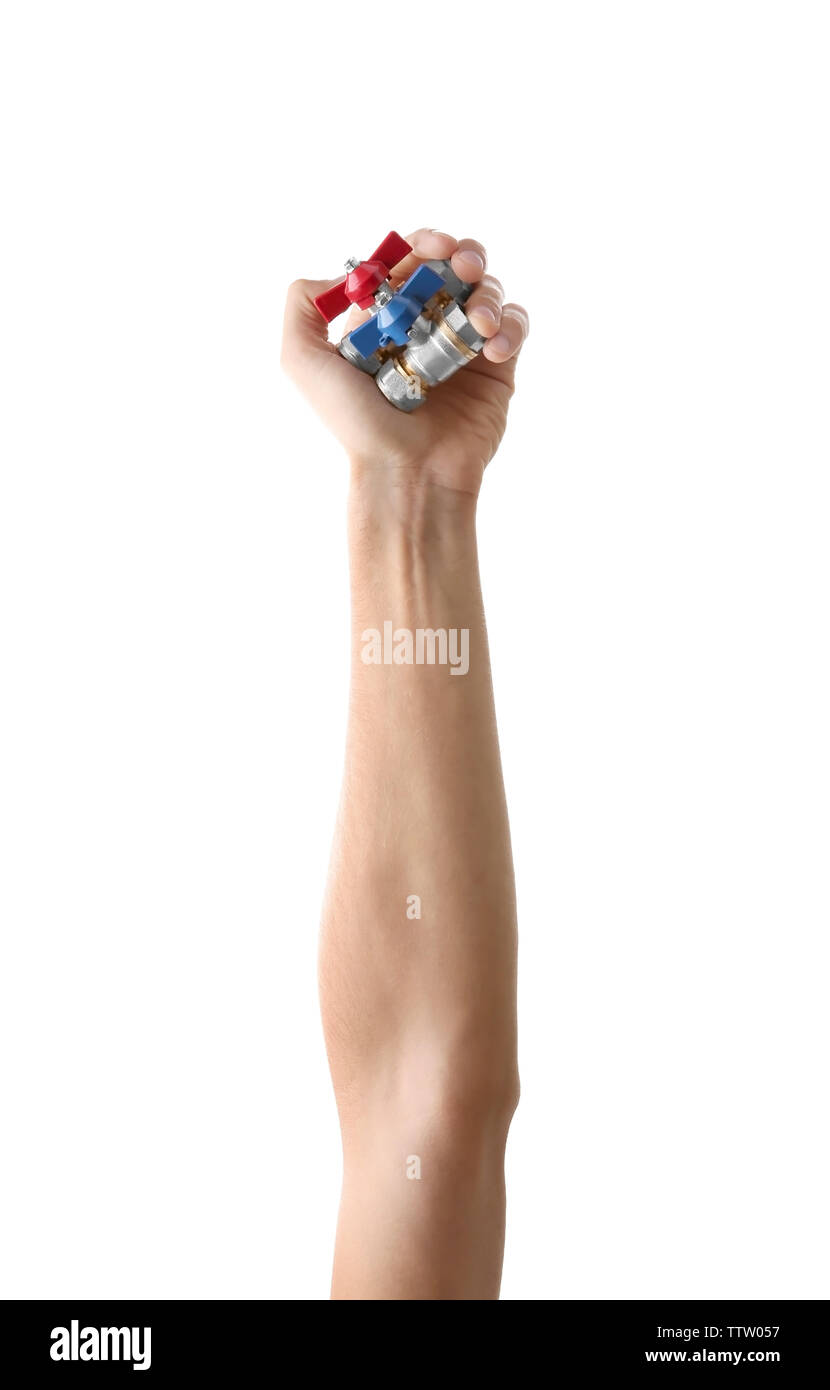 Valves in man's hand isolated on white Stock Photo - Alamy