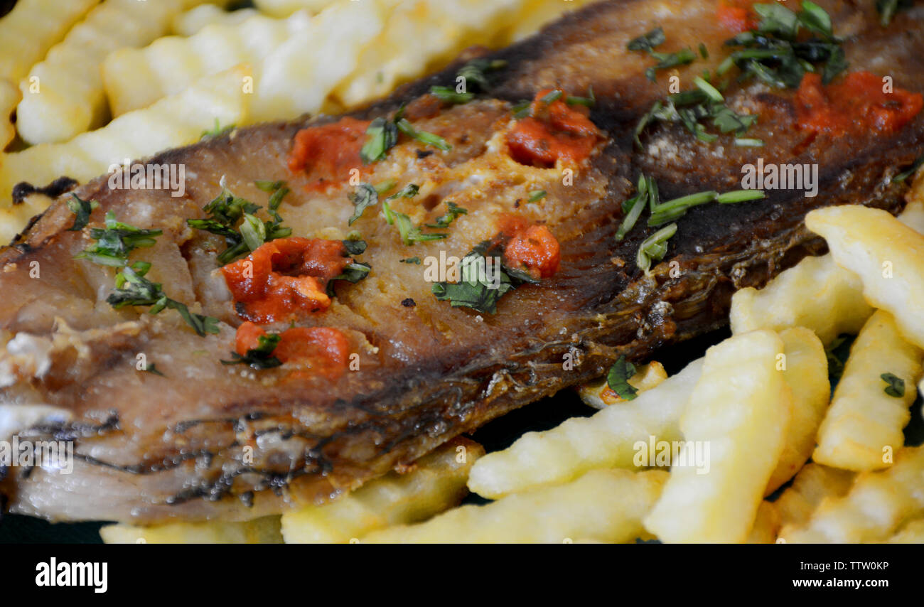 Beautiful Piece of Fried Fish with French Fries and Cilantro Stock ...