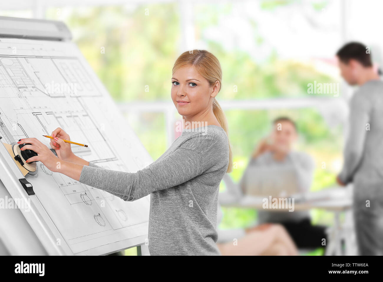 Young female engineer working with architectural project and other ...