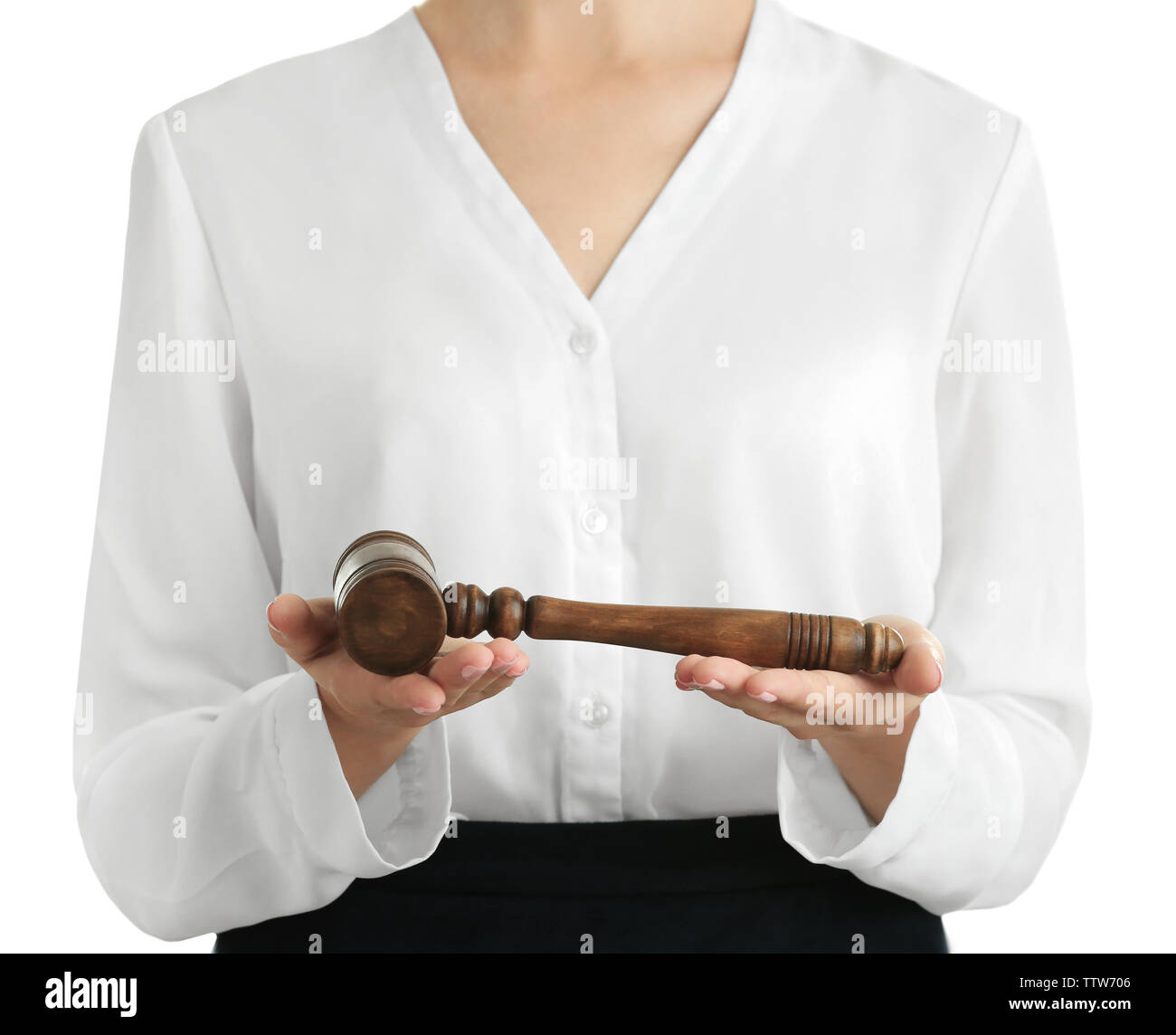 Woman with judge gavel on white background Stock Photo - Alamy