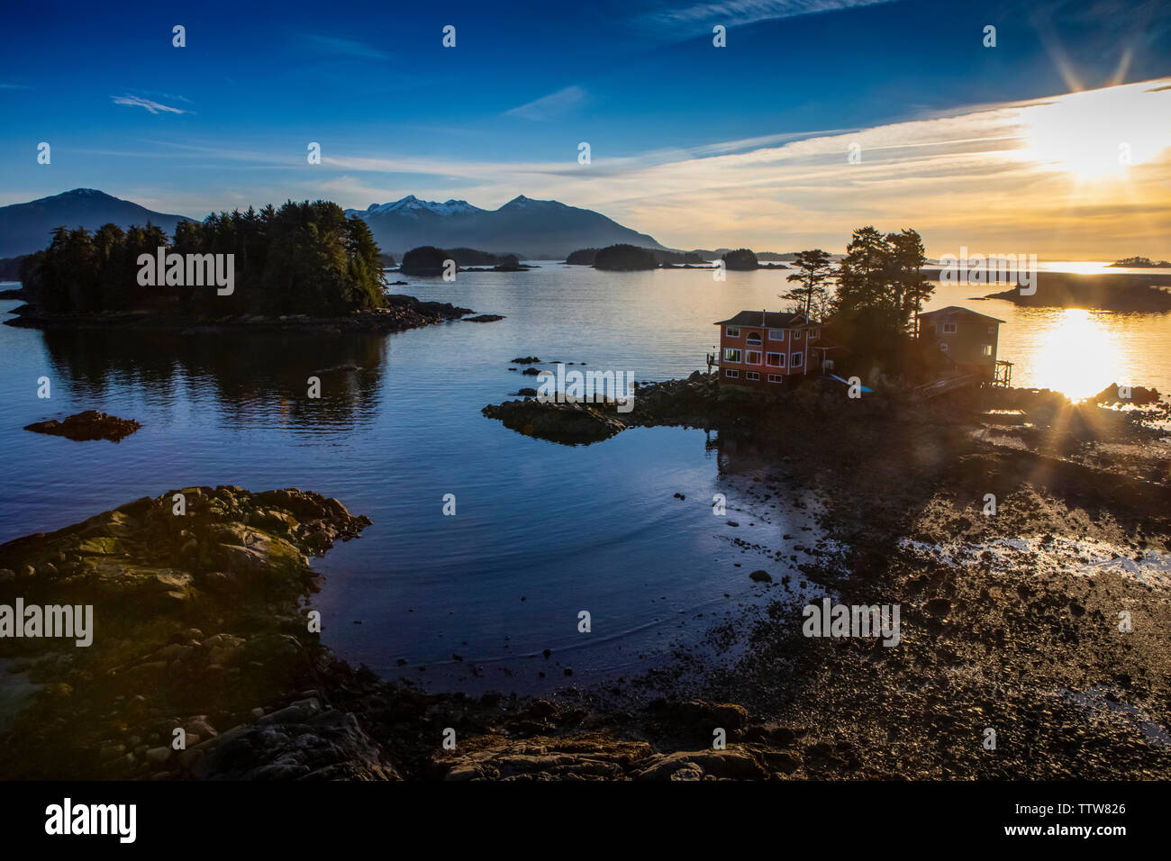 Winter landscape along the coast at sunset; Sitka, Alaska, United ...