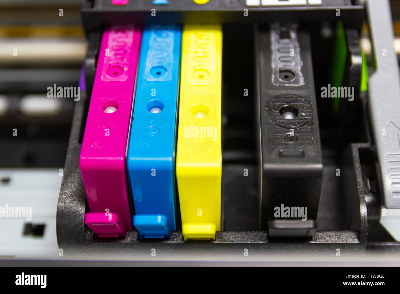 Close up color printer ink jet cartridge of the printer inject Stock ...