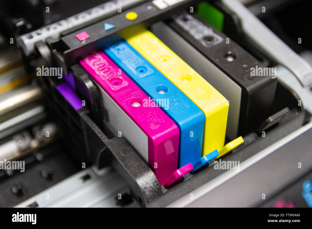 Close up color printer ink jet cartridge of the printer inject Stock ...