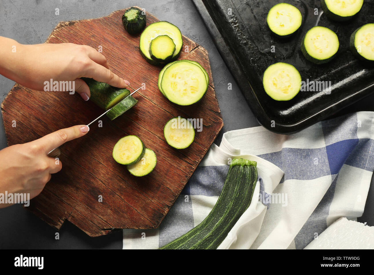 Top view hands woman slicing hi-res stock photography and images - Alamy