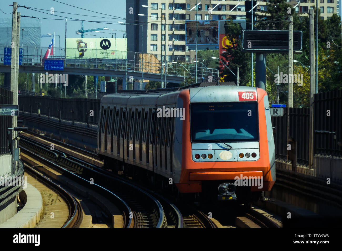 SANTIAGO, CHILE - MARCH 2015: A steel train on Line 4 of the Santiago ...