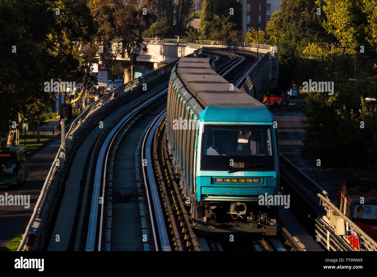 SANTIAGO, CHILE - MARCH 2015: An NS93, MP89 based, train on the viaduct ...
