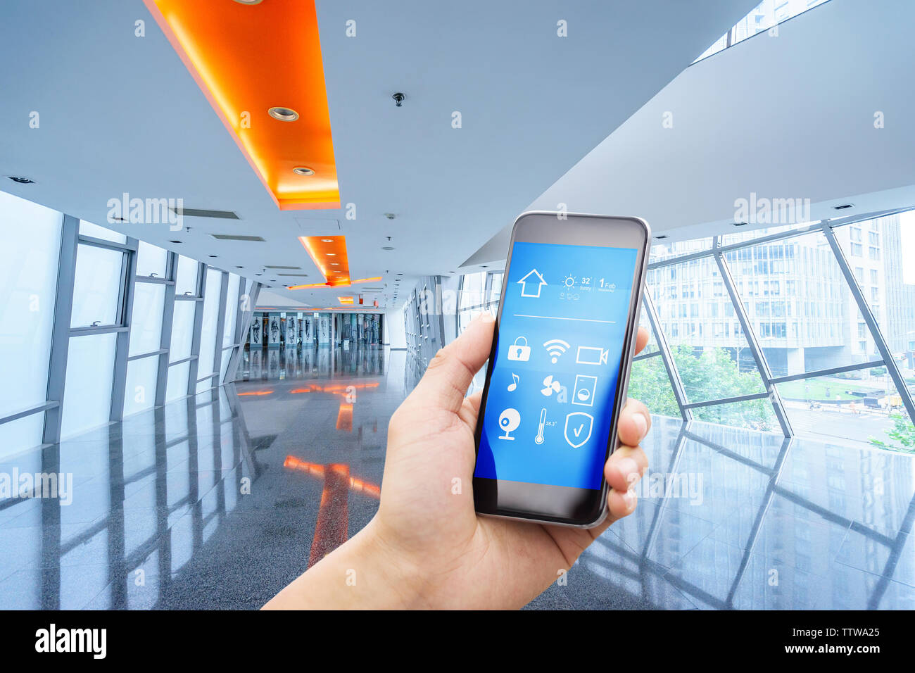 smart phone with smart home with modern corridor Stock Photo - Alamy