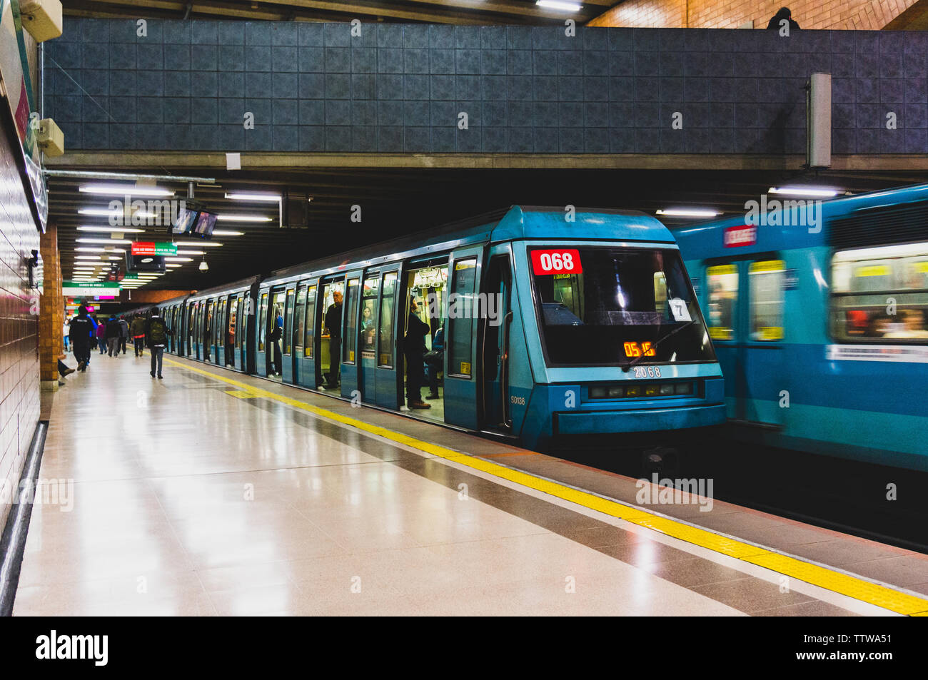 SANTIAGO, CHILE- JULY 2015: Metro de Santiago trains on Santa Ana ...