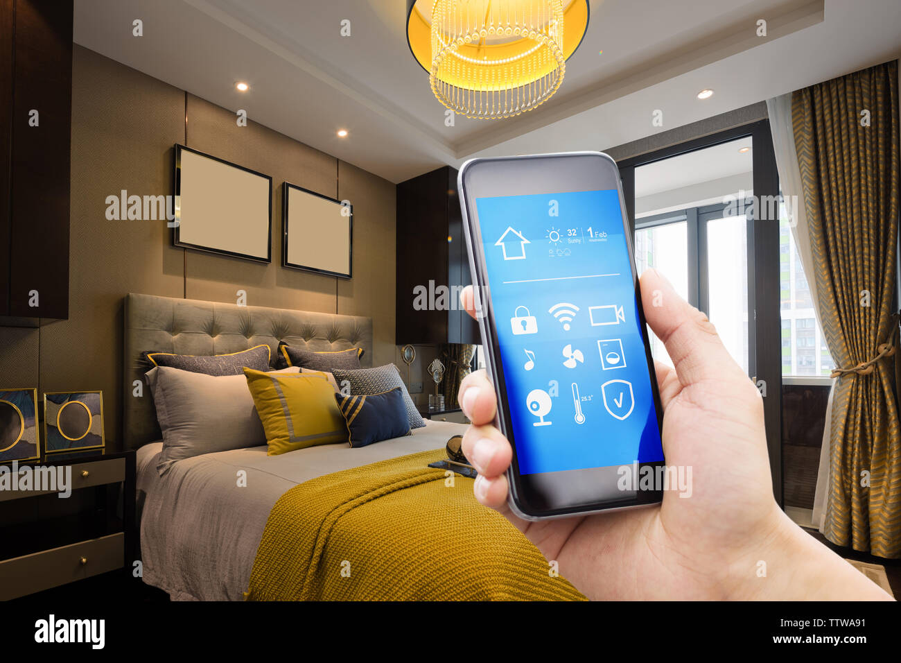 smart phone with smart home with modern bedroom Stock Photo - Alamy