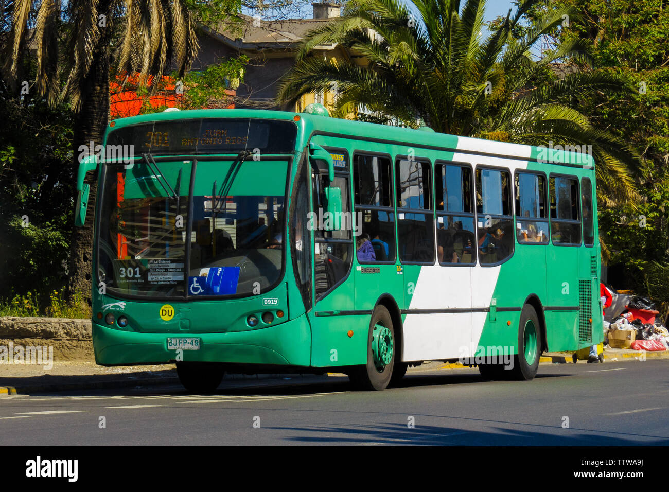 SANTIAGO, CHILE - OCTOBER 2014: A public transport bus near Mapocho ...