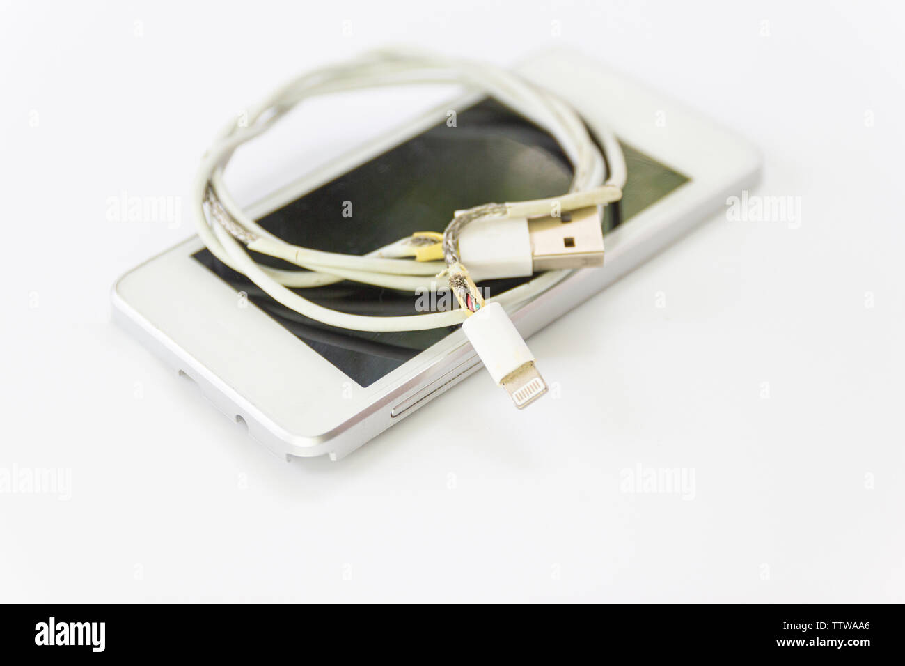 danger unsafe cable Phone Charger Lack of damage on white background ...