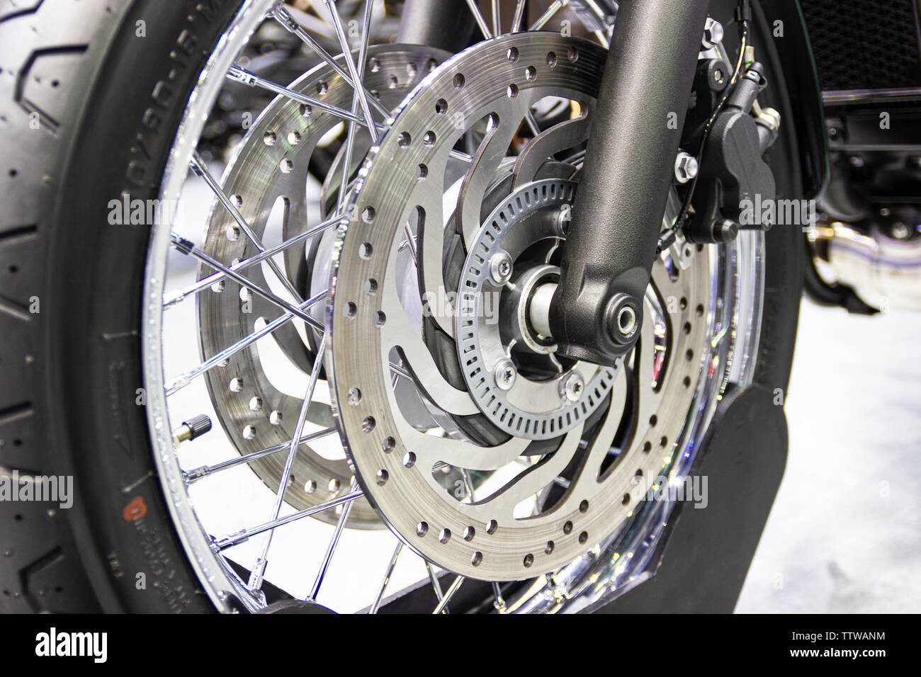 Bangkok THAILAND:- Dec 12, 2018: wheel spokes and brake disc of a front ...