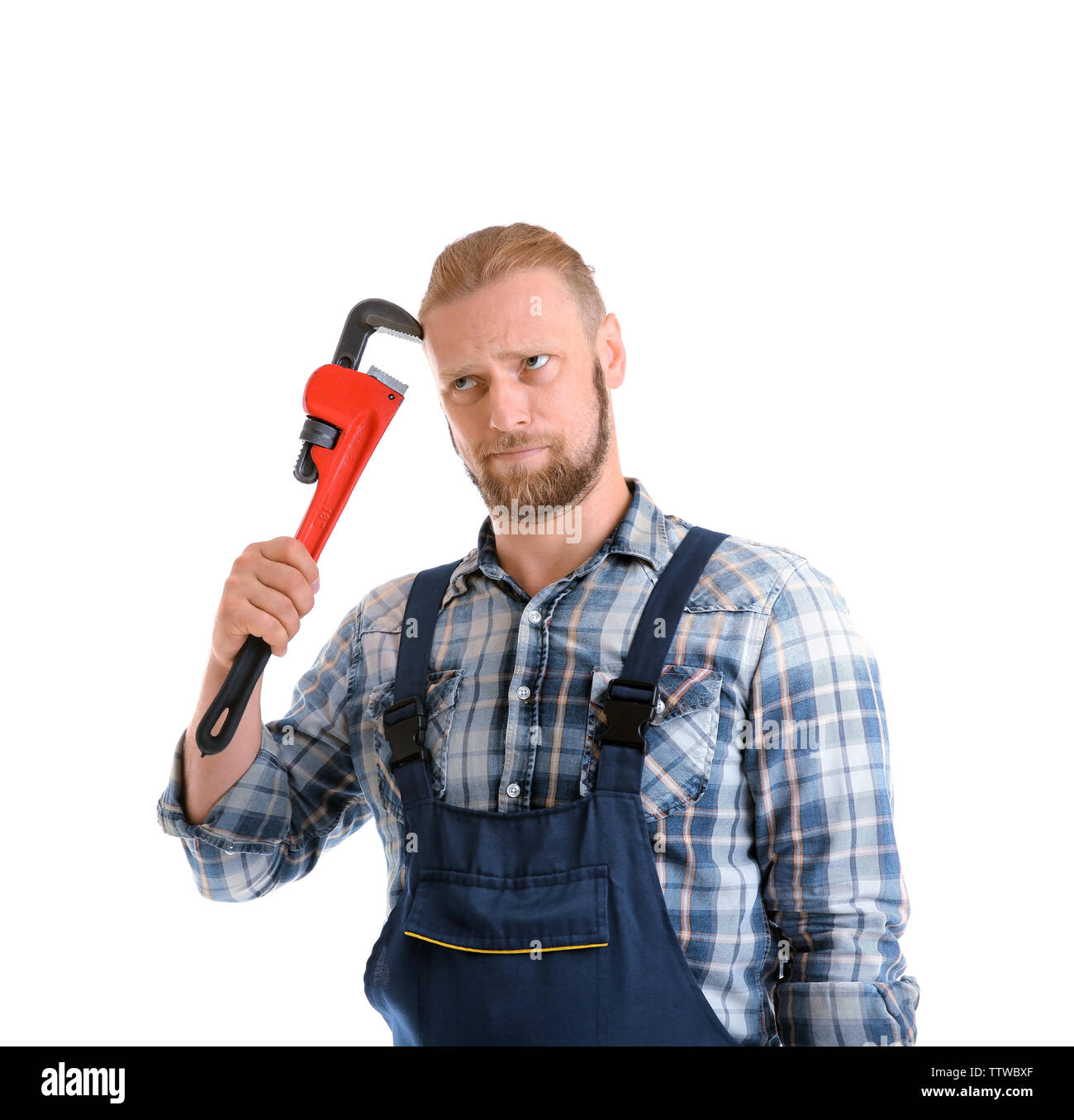 Portrait of funny plumber with pipe wrench isolated on white Stock ...