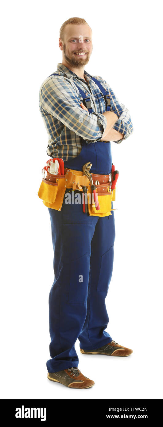 Handsome worker with tools belt isolated on white Stock Photo - Alamy