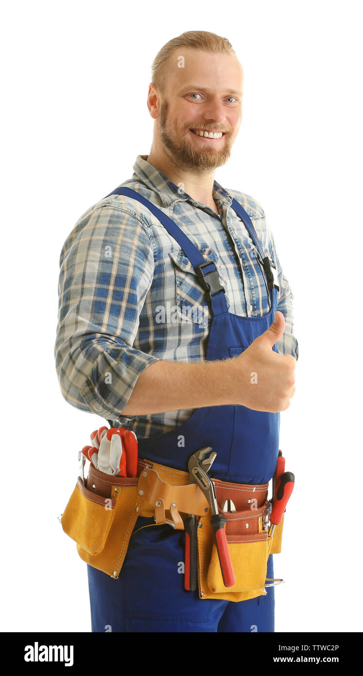 Handsome worker with tools belt isolated on white Stock Photo - Alamy