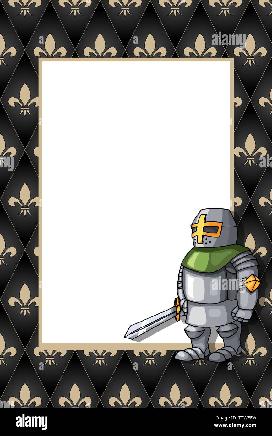Frame with the brave knight with sword on the medieval background Stock ...