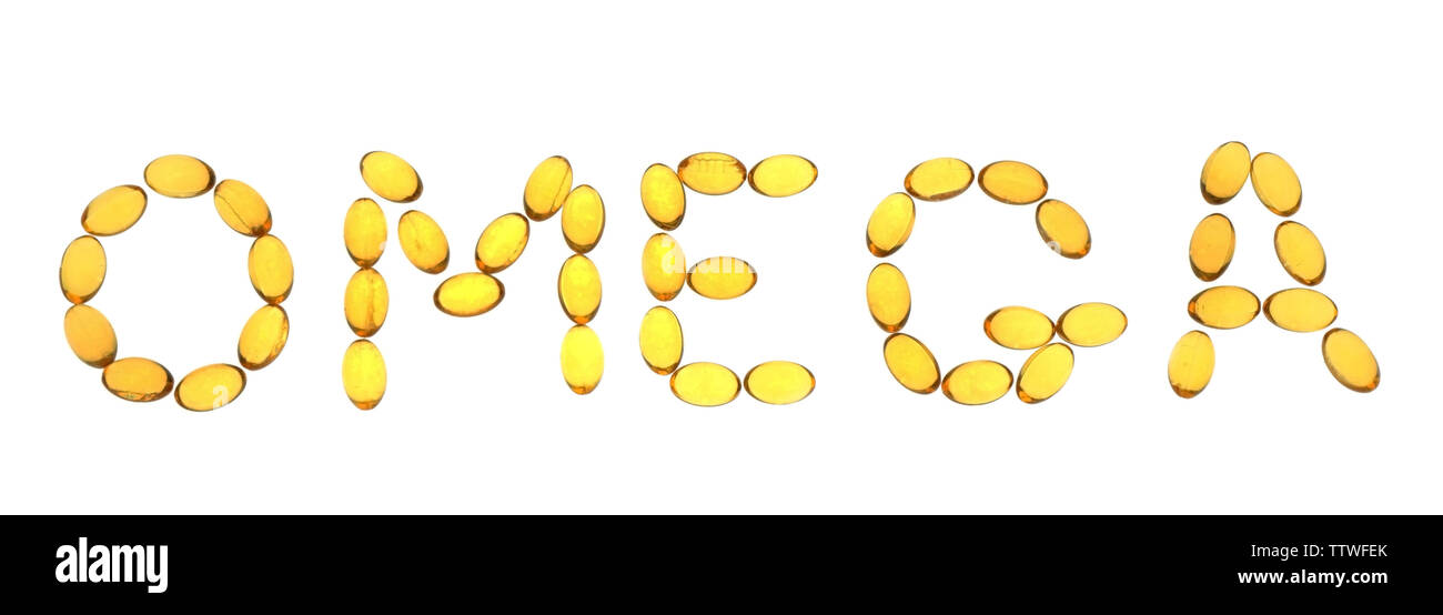 Word OMEGA made of cod liver oil pills on white background Stock Photo ...