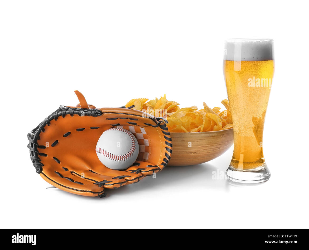 Beer with snacks and baseball accessories on white background Stock ...