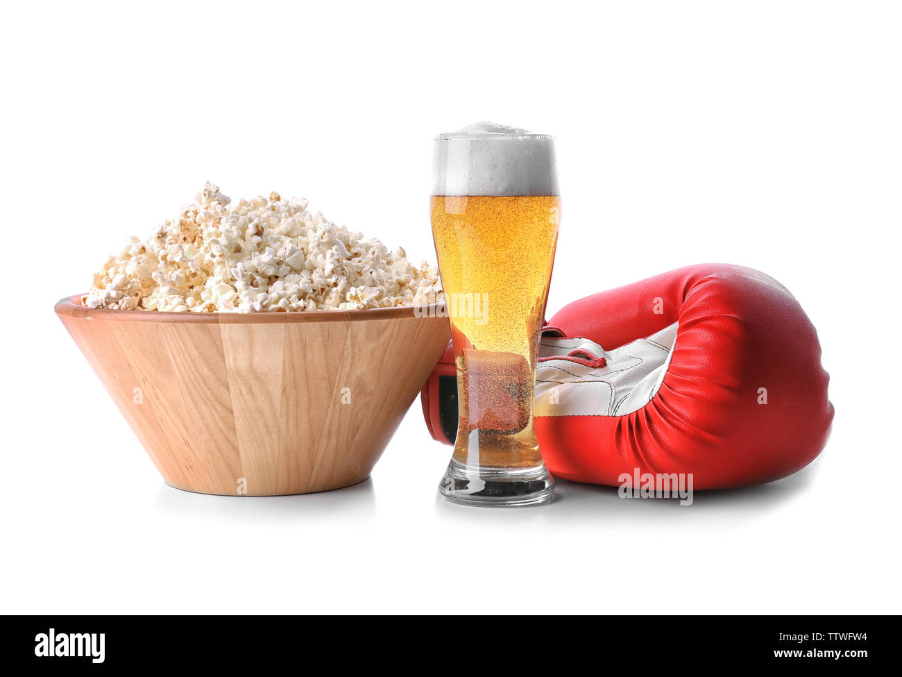 Beer with snacks and boxing gloves on white background Stock Photo - Alamy