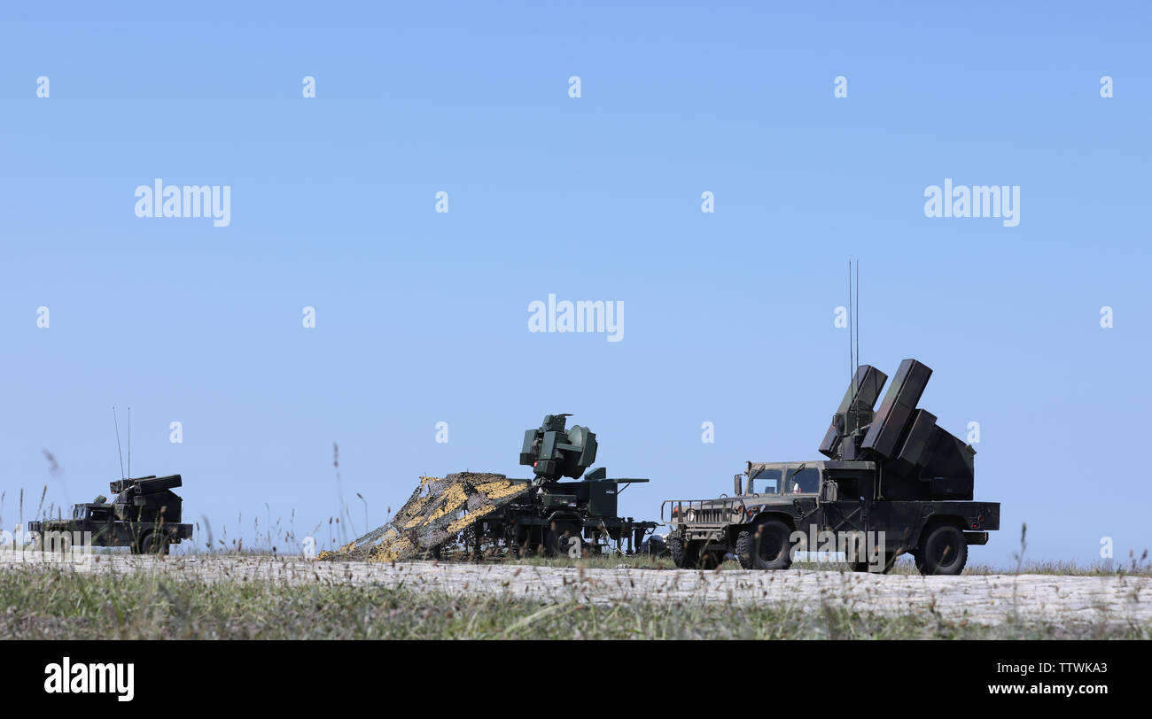 Two AN/TWQ-1 Avenger missile systems from C Battery, 174th Air Defense ...