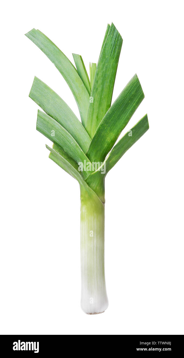 Leek on white background Stock Photo - Alamy