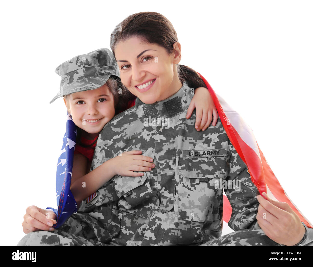 Mother in army uniform with daughter isolated on white Stock Photo - Alamy