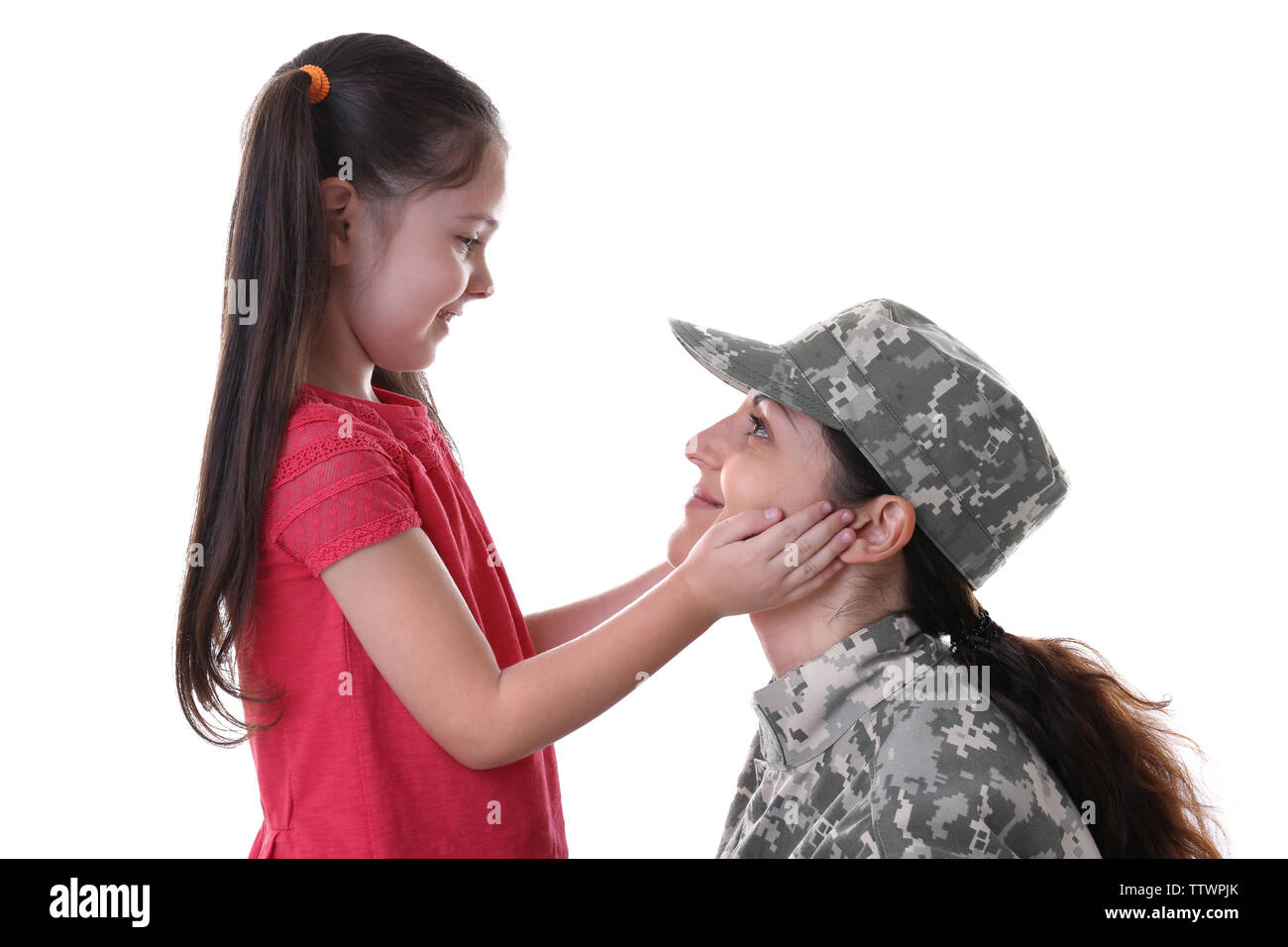 Mother in army uniform with daughter isolated on white Stock Photo - Alamy
