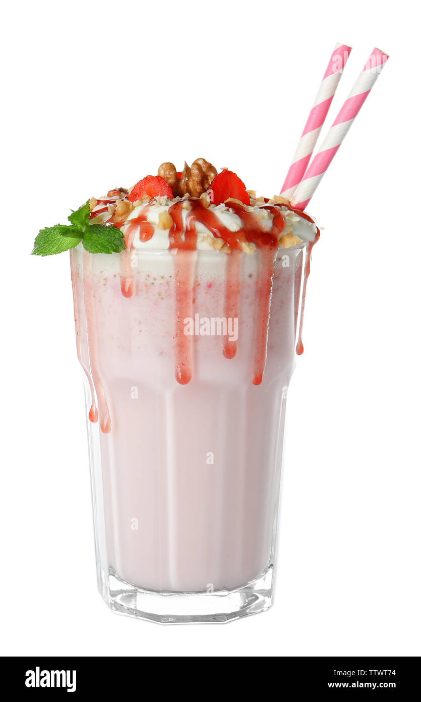 Strawberry milk shake on white background Stock Photo - Alamy