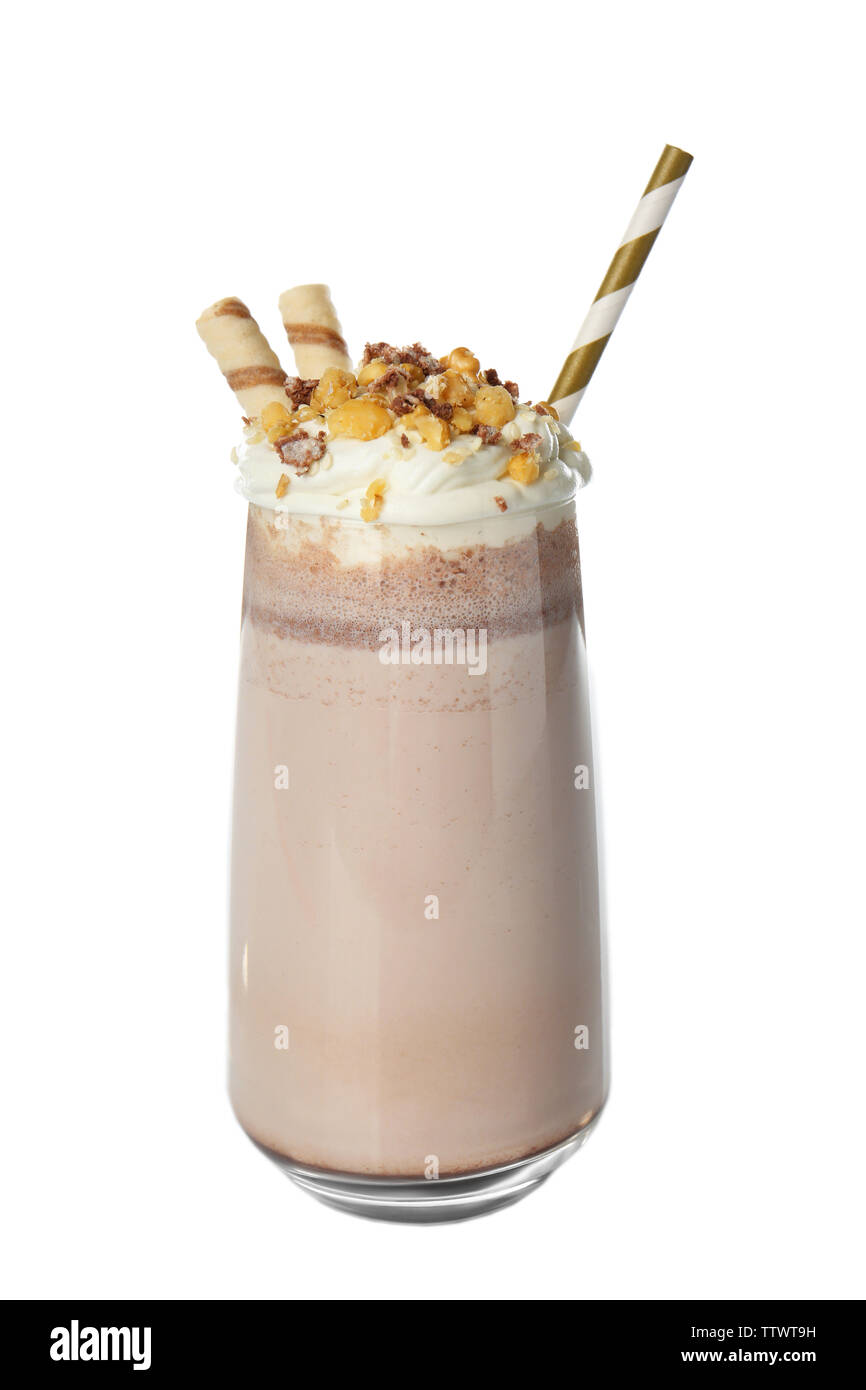 Chocolate milk shake on white background Stock Photo - Alamy