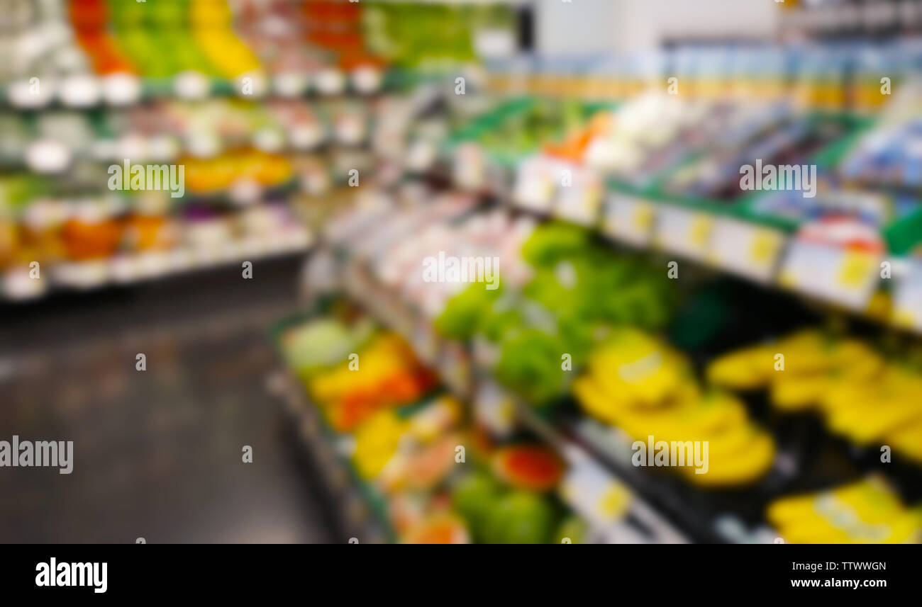 Blurred background of fresh fruits and vegetables in supermarket Stock ...