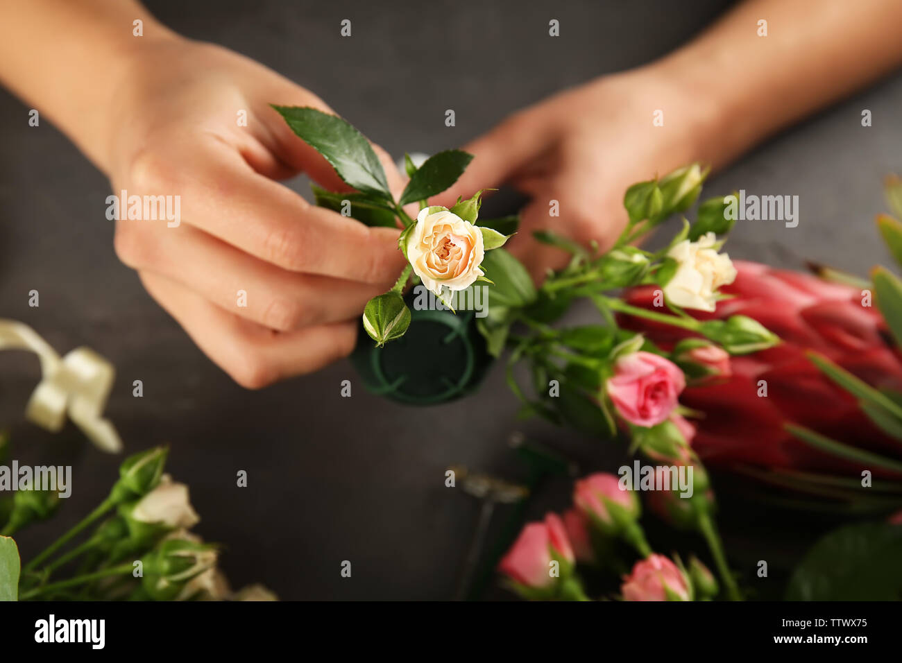 Female hands making beautiful bouquet of flowers on dark background ...