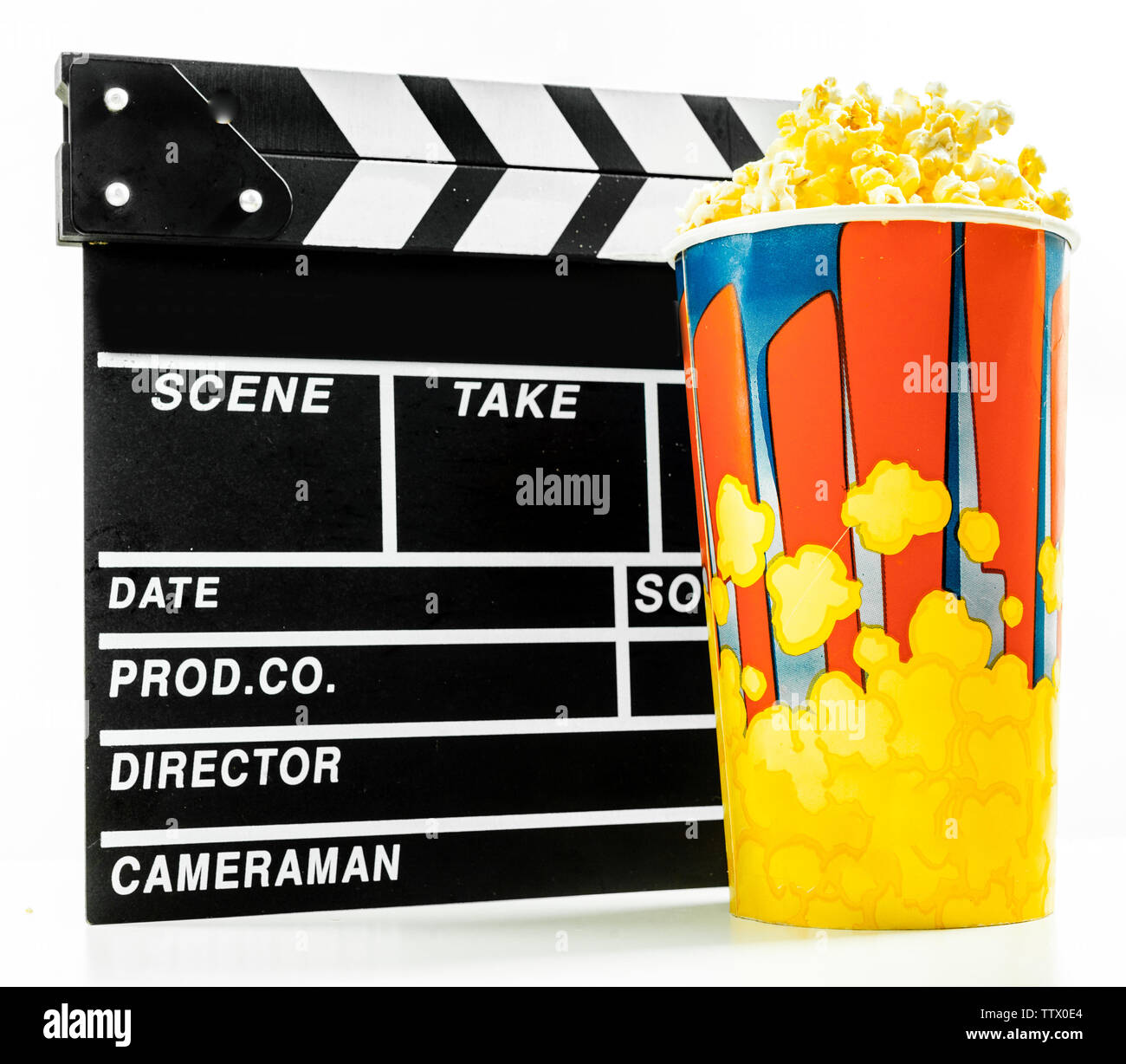 popcorn box with clapper board Stock Photo - Alamy