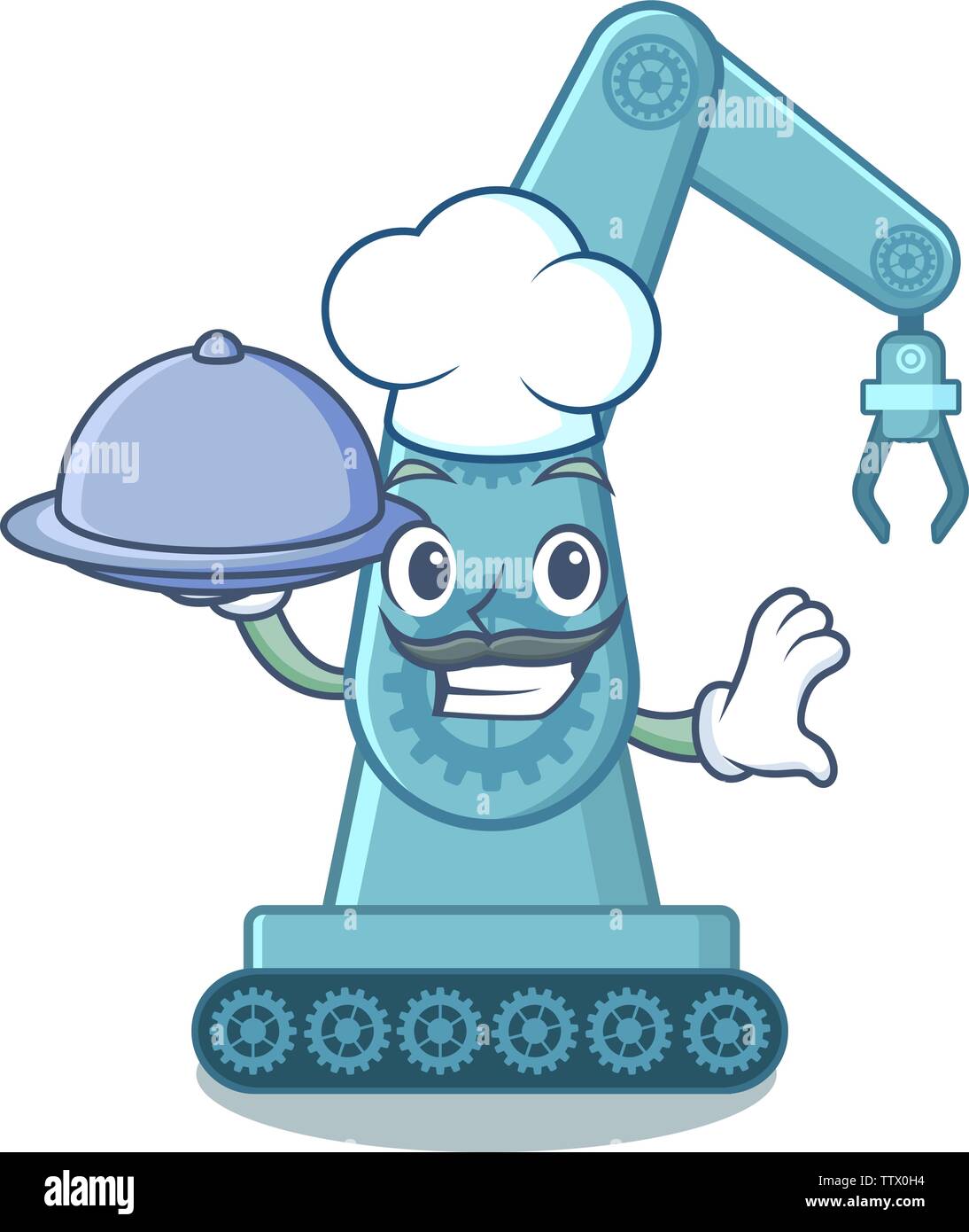 Chef with food mechatronic robot arm above cartoon table Stock Vector ...