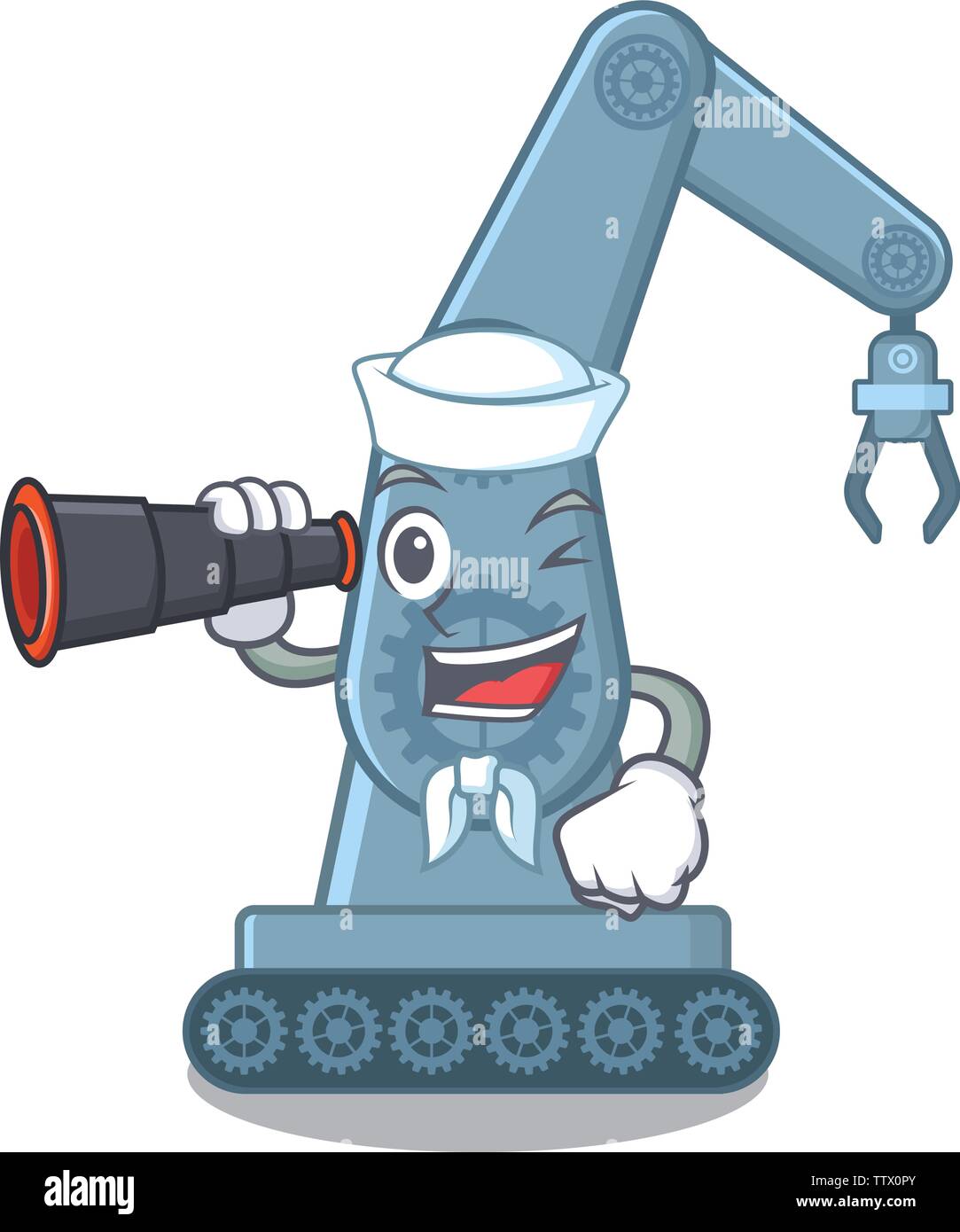 Sailor with binocular mechatronic robot arm above cartoon table Stock ...