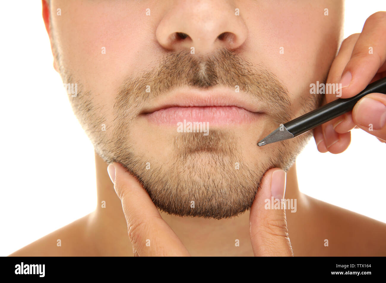 Plastic surgery concept. Female hand marking face before operation ...