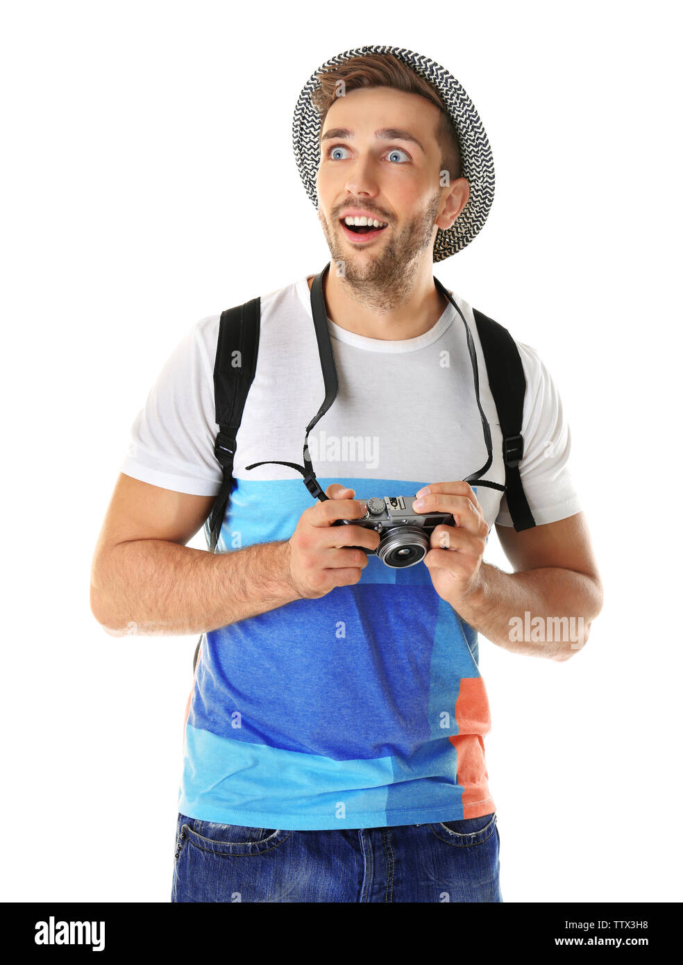 Young man with camera isolated on white Stock Photo - Alamy