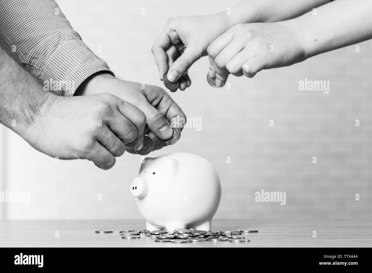 Inserting a coin into a piggy bank Stock Photo - Alamy